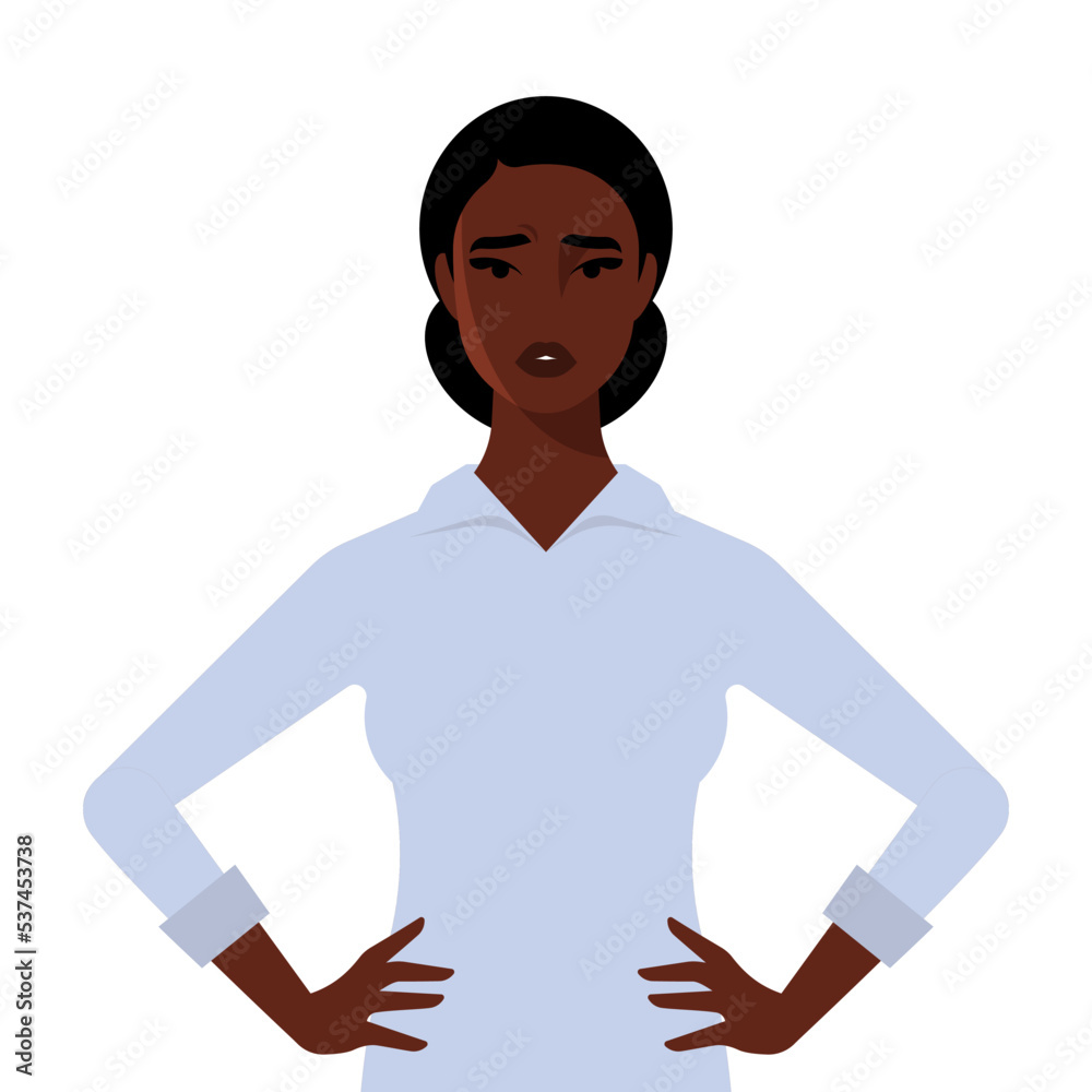 Sad young black woman. Frustrated beauty standing and keeping hands on ...
