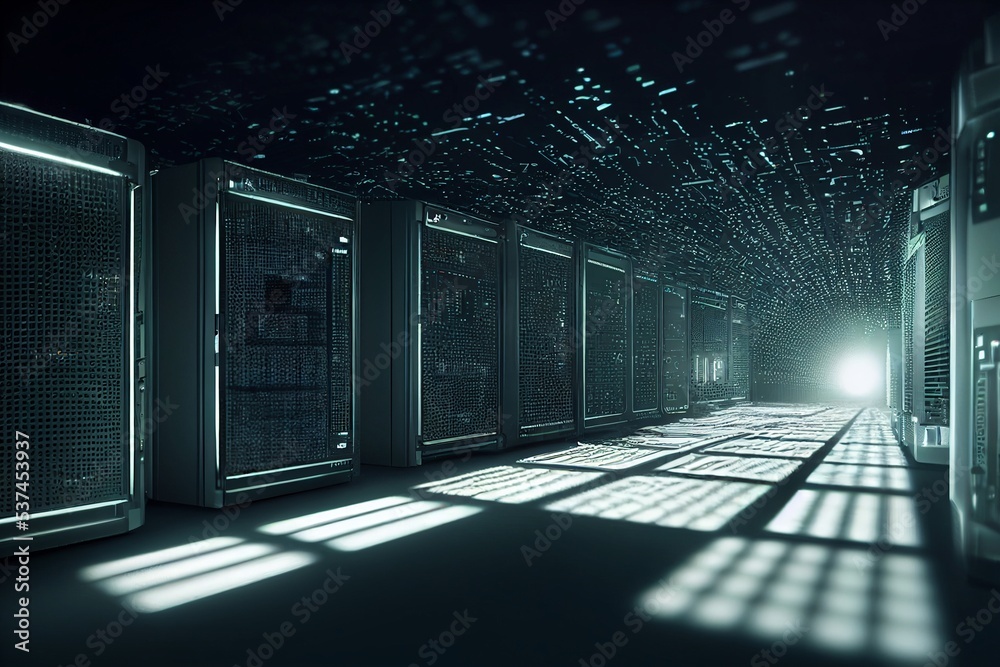 a dark room with light coming from the corridor, datacenter with ...