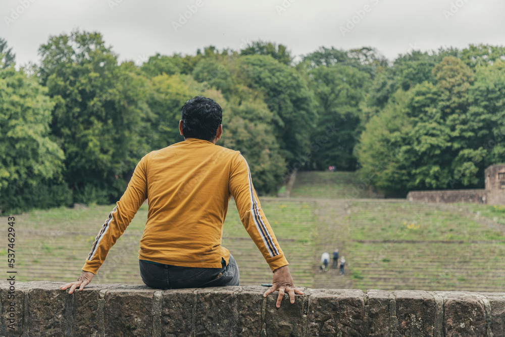background, outside, panorama, amphitheater seats, building, mountain ...