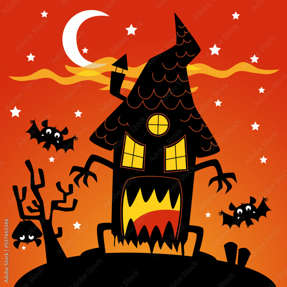 Monster house on Halloween night with three bats, a scary tree and the ...