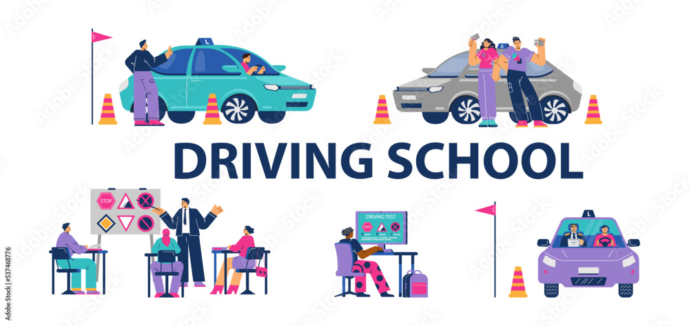 Driving school banner with people characters flat vector illustration ...