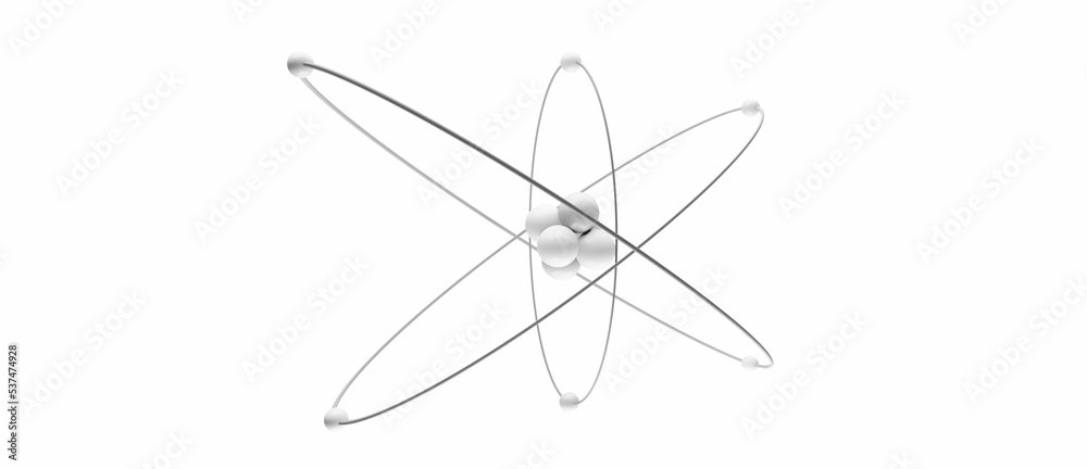 3D illustration model of an atom with nucleus, electrons, protons and ...