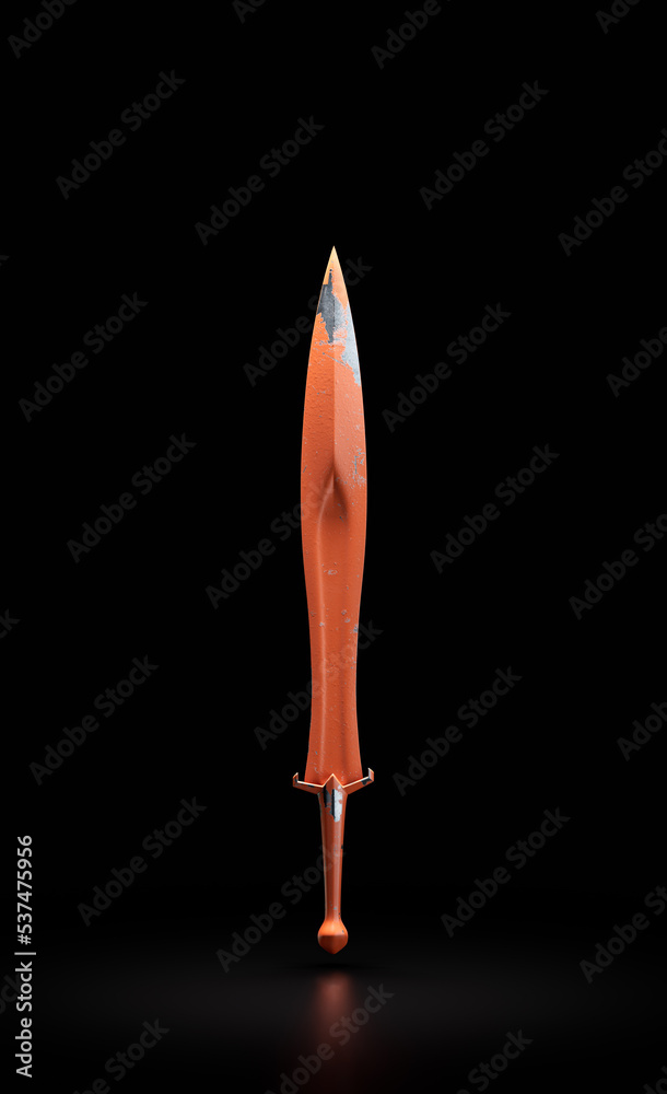 Damaged orange painted sword. Knight sword in black background, 3d ...