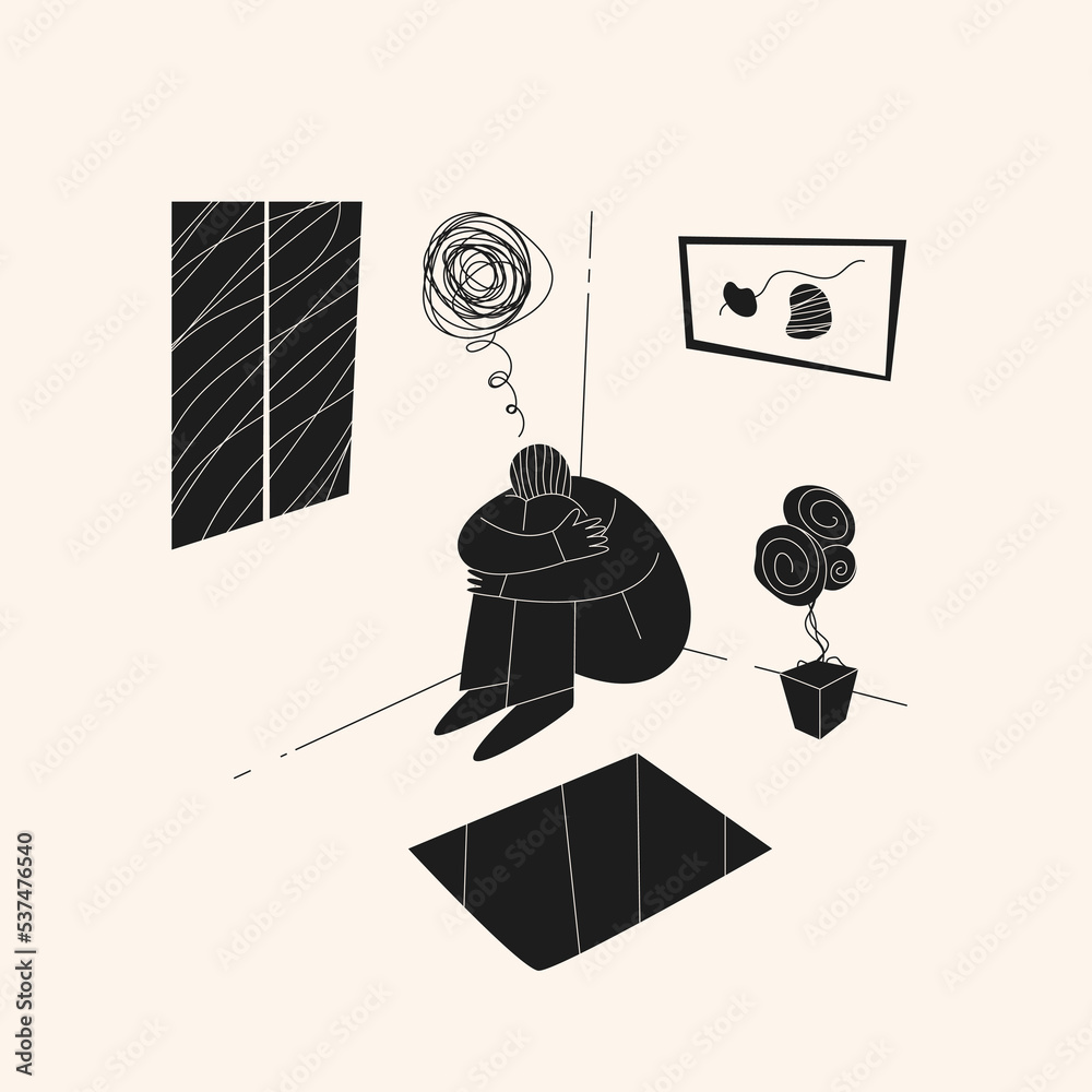 Man in depression concept art hand drawn vector illustration. Sad human ...