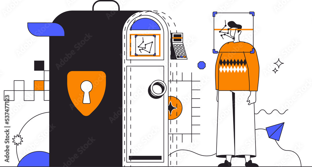 Biometric Control Web Concept In Flat Outline Design With Character Man Uses Secure Access To