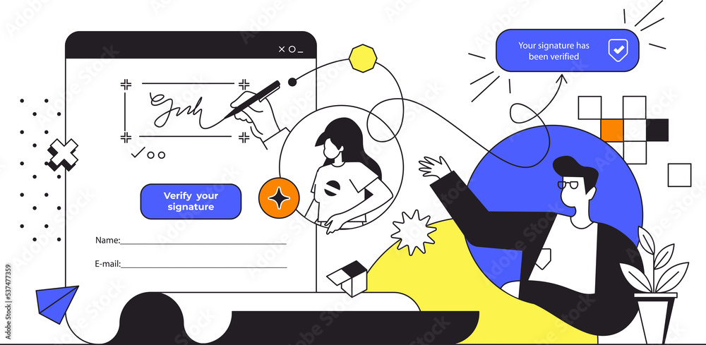 Electronic contract web concept in flat outline design with characters ...