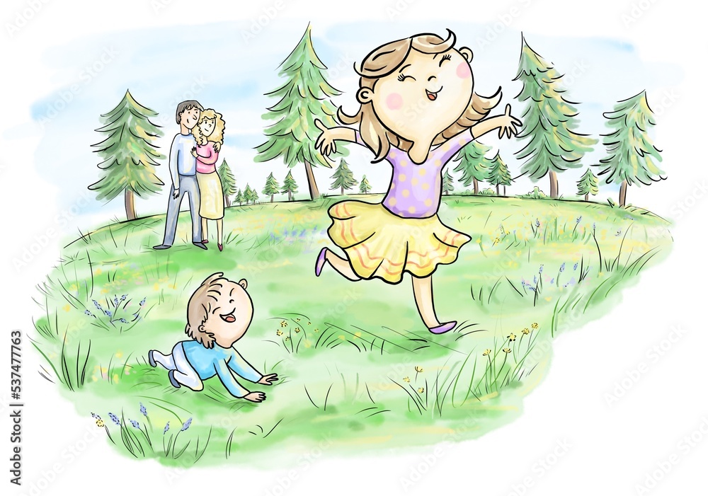 Beautiful green landscape with flowers and pine trees. Family walking ...