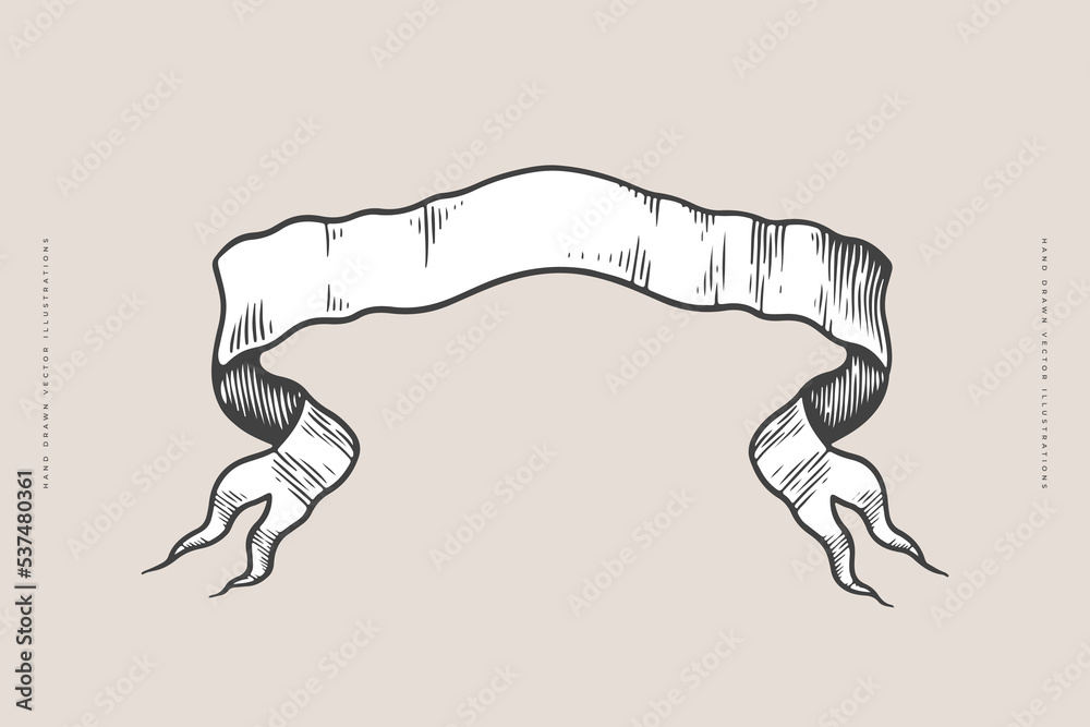 Ribbon in engraving style. Vintage ribbon with empty space on a light ...