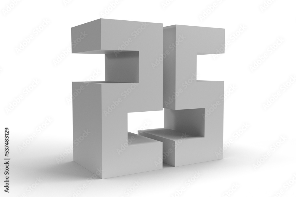 Number 25, Isolated Silver Jubilee Mark in 3D Graphics on White ...