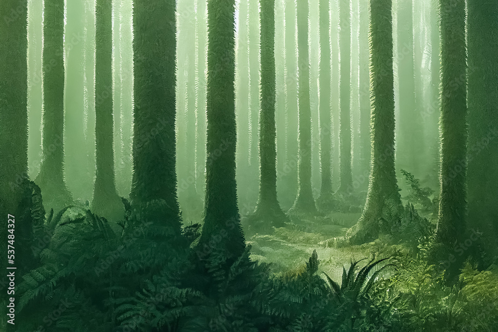 Prehistoric antediluvian forest landscape with primitive trees and ...