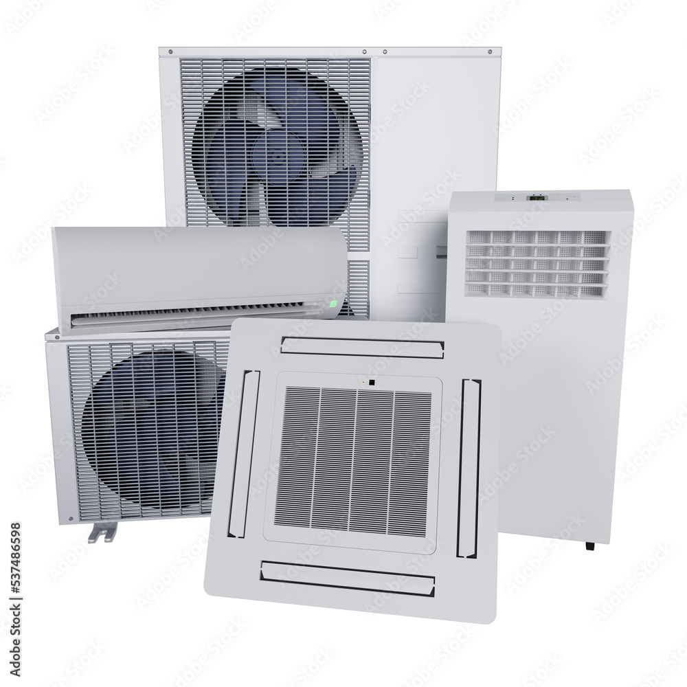 five different types of air conditioner with transparent background 3d ...
