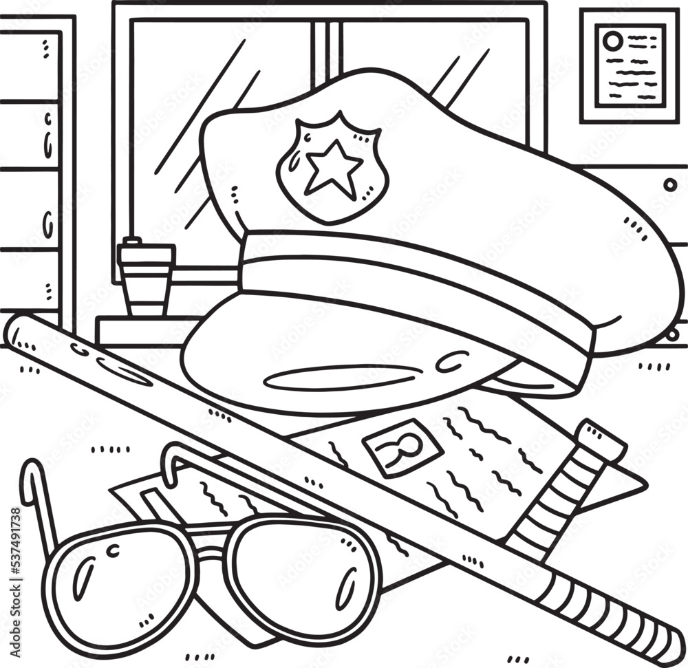 Police Hat And Baton Coloring Page for Kids Stock Vector | Adobe Stock
