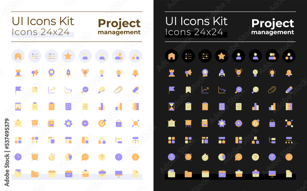 Project management pixel perfect flat gradient color ui icons kit for dark, light mode. Business ...