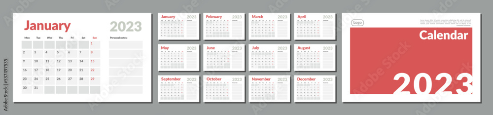 Set of 2023 Calendar Planner Template with Place for Notes, Photo and ...