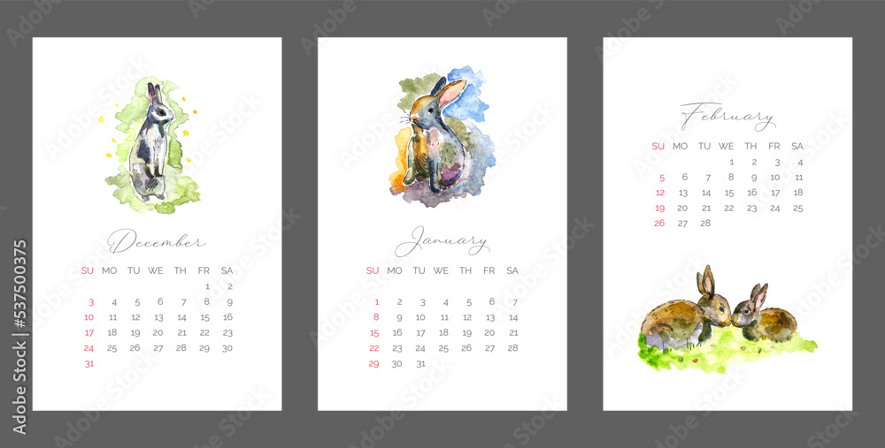 2023 calendar. 2023 winter months calendar (December, January, February ...