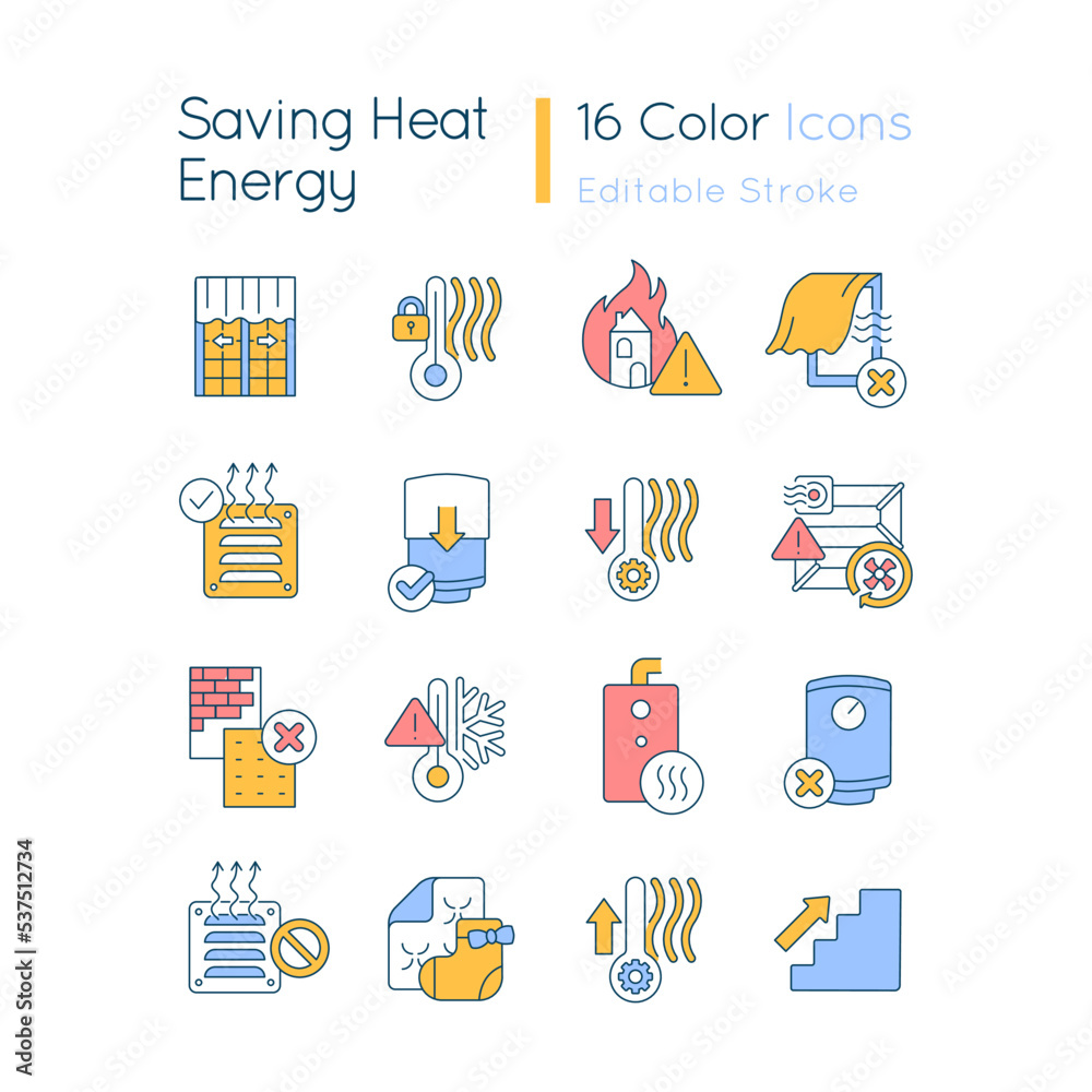 Saving heat energy RGB color icons set. Efficient home heating advice ...