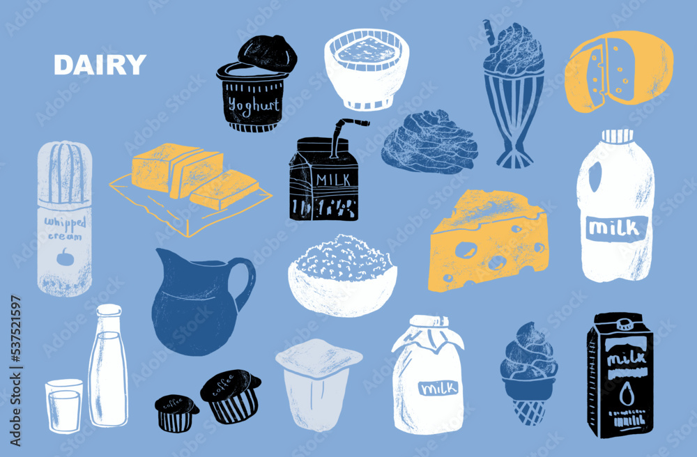 Vetor de Hand draw vector set dairy products. Illustration of cottage ...