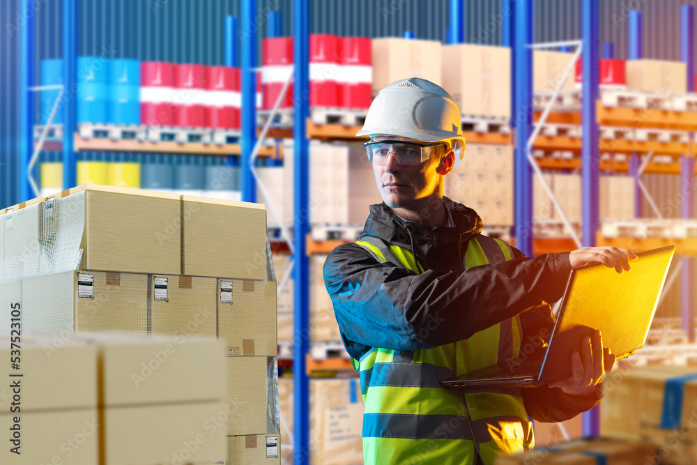 Warehouse worker at industrial company. Male storekeeper next to boxes ...