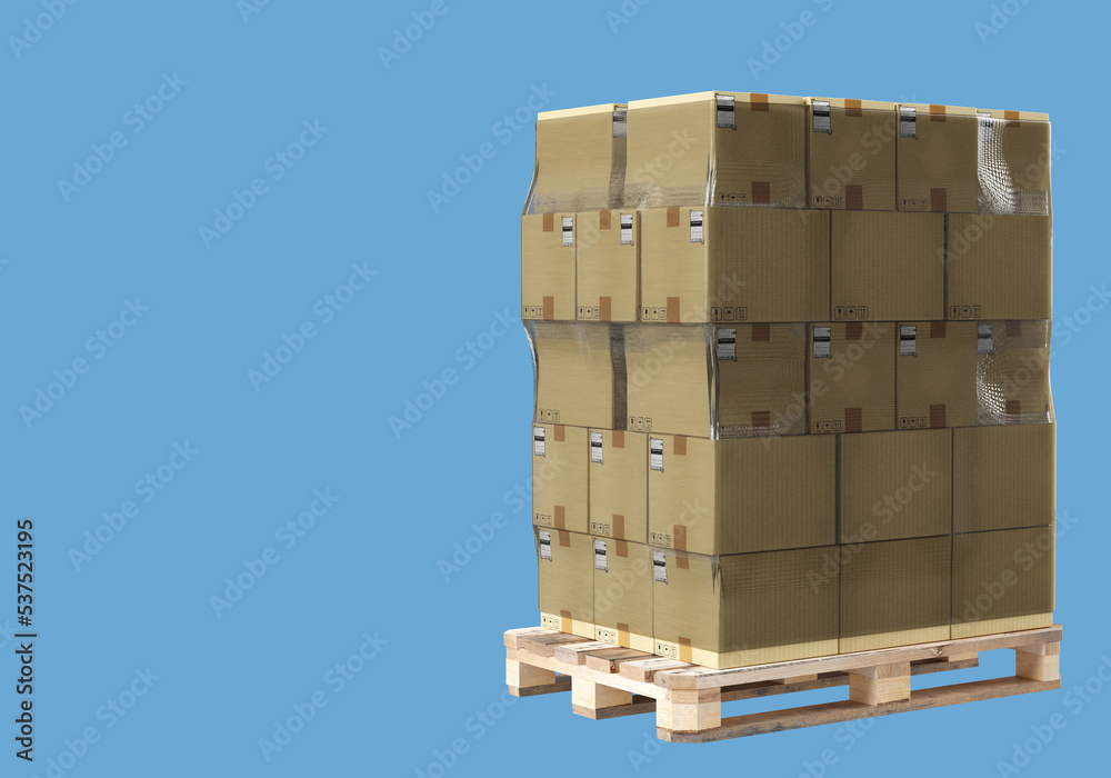 Delivery boxes. Cardboard boxes wrapped with transparent film. Pallet ...