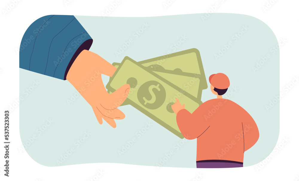 Hand giving cash money to tiny man. Gift or donation help with dollar ...