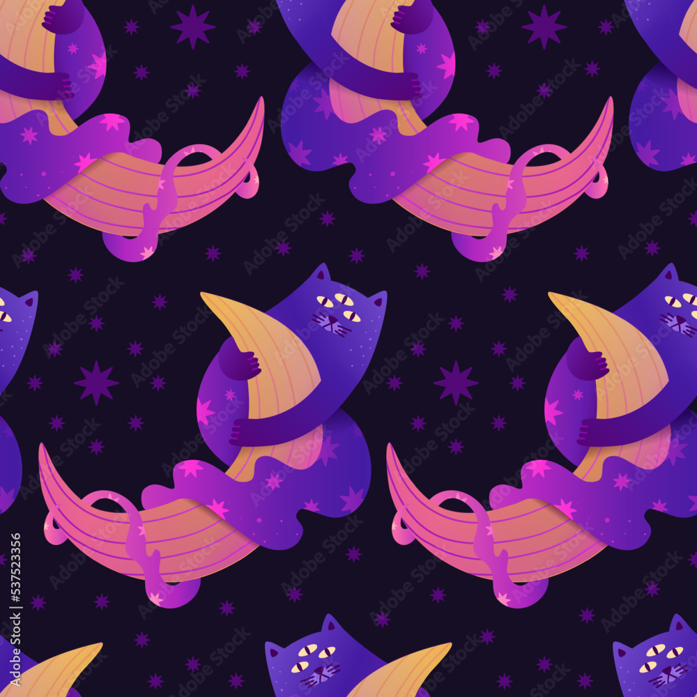 Mystical seamless pattern with cartoon shiny cats. Magic characters of ...