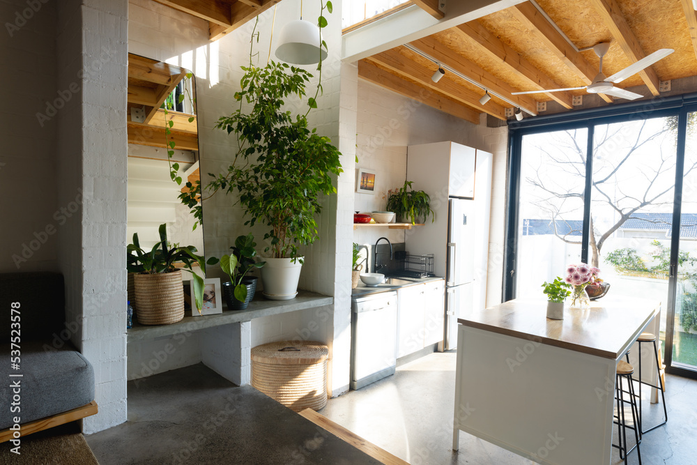 General view of modern kitchen with countertop, kitchen equipment and ...