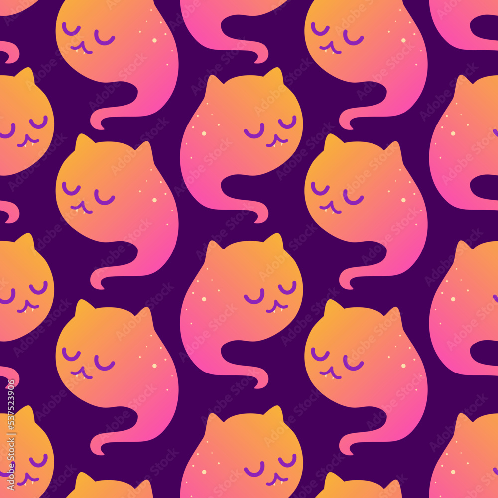 Mystical seamless pattern with cartoon shiny cats. Magic characters of ...