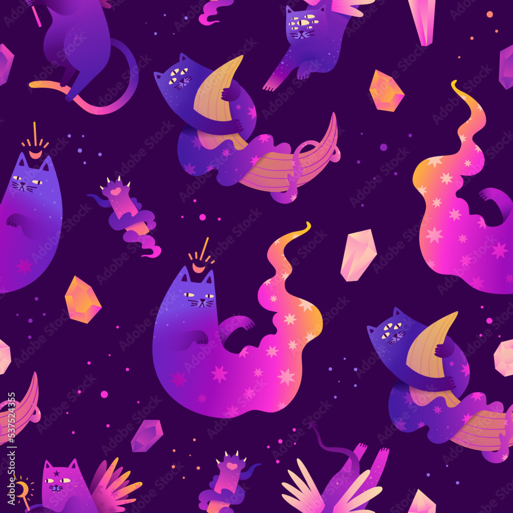 Mystical seamless pattern with cartoon shiny cats. Magic characters of ...
