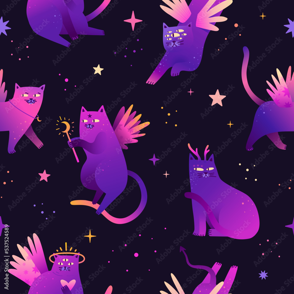 Mystical seamless pattern with cartoon shiny cats. Magic characters of ...