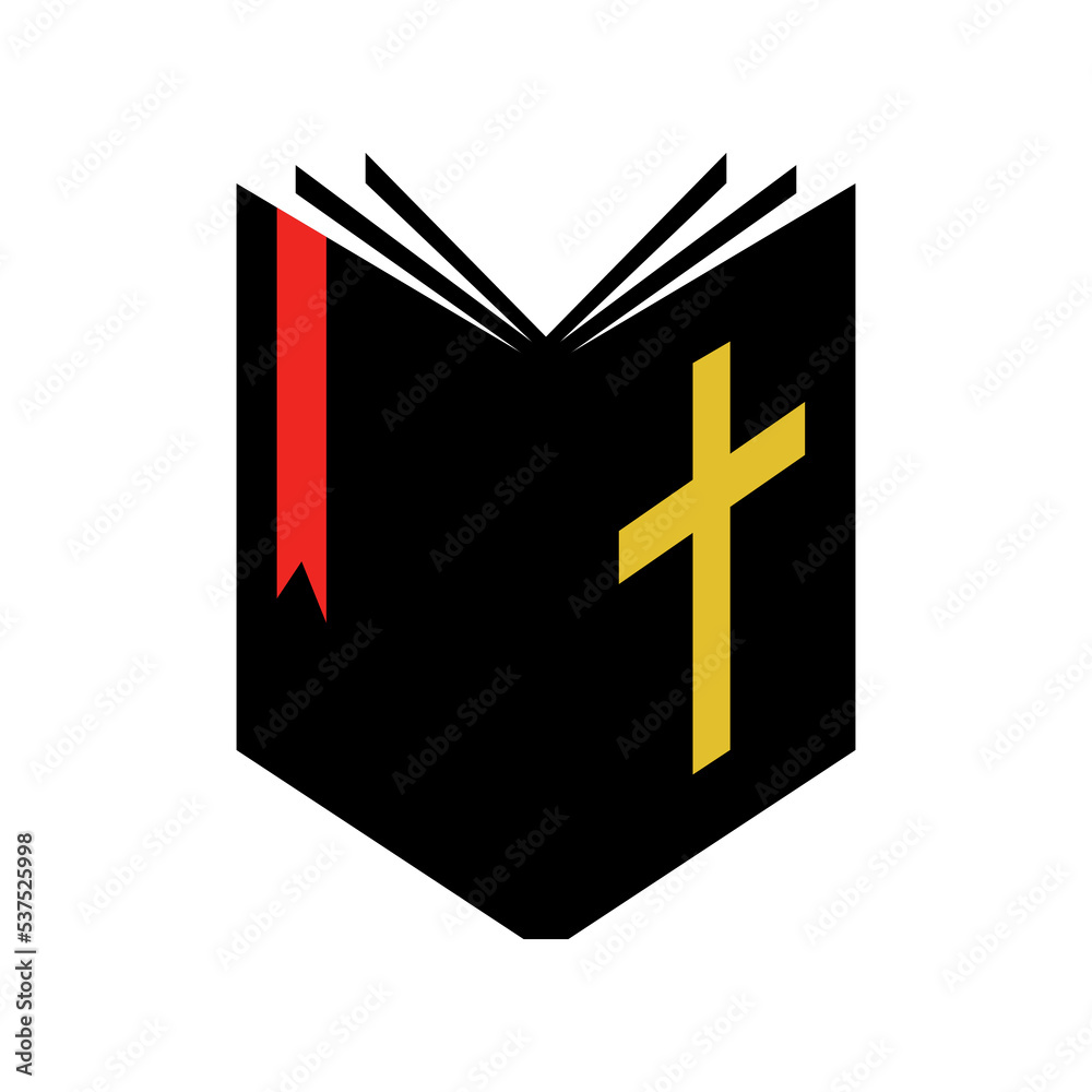 Open bible icon. Holy book with golden cross. Vector illustration ...