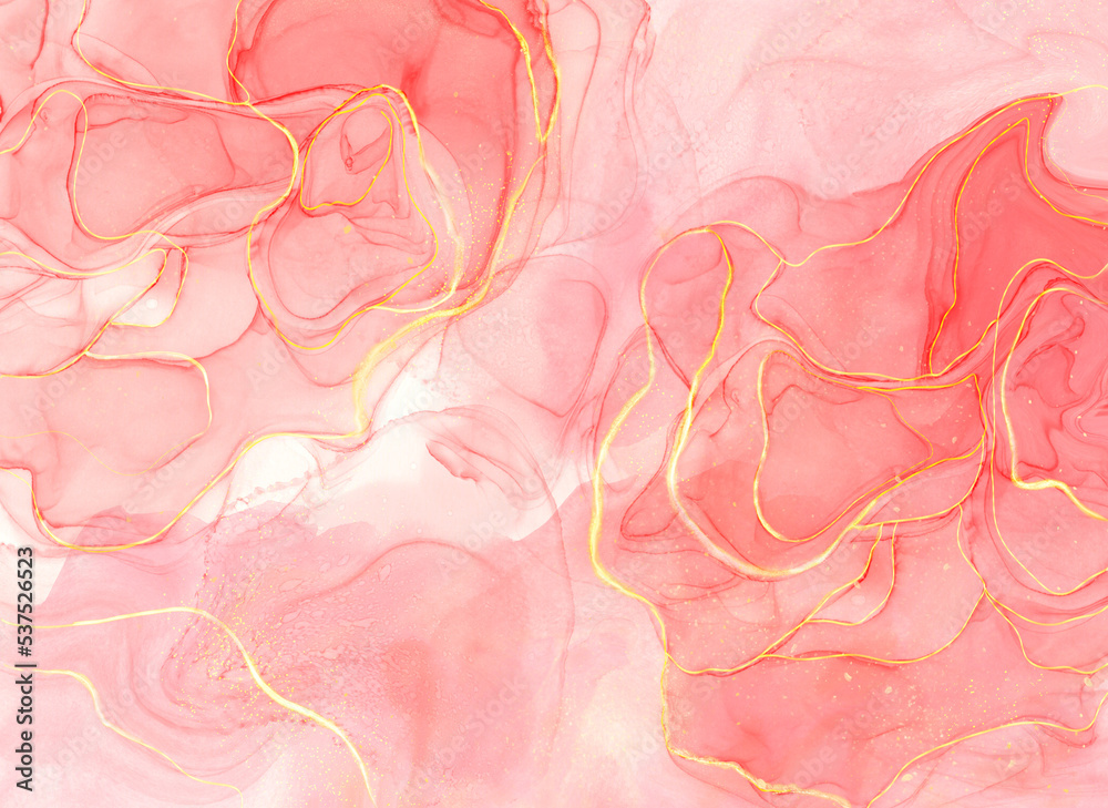 Abstract pastel red blush liquid watercolor background with golden ...