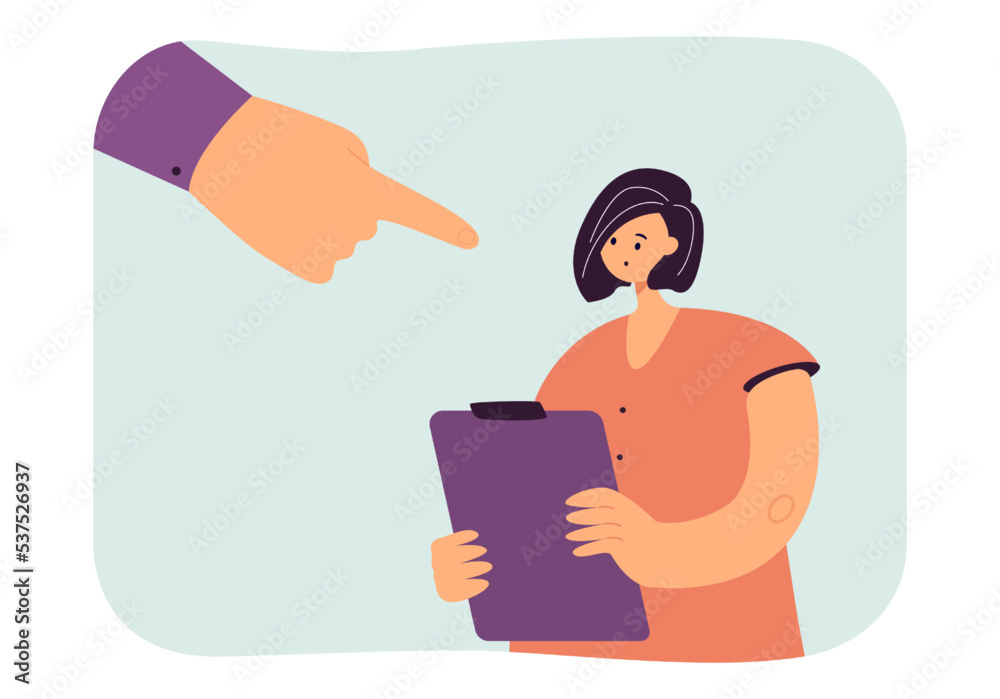 Hand finger pointing at sad guilty employee. Public censure of tiny ...