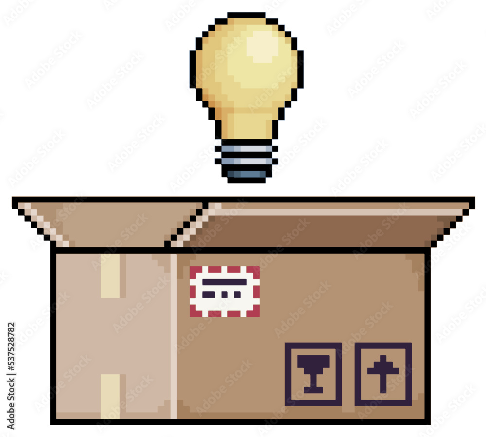 Pixel art cardboard box with light bulb, box with ideas and creativity ...