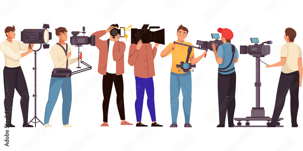 Cameraman, journalist and reporter TV news crew interviewing TV show ...