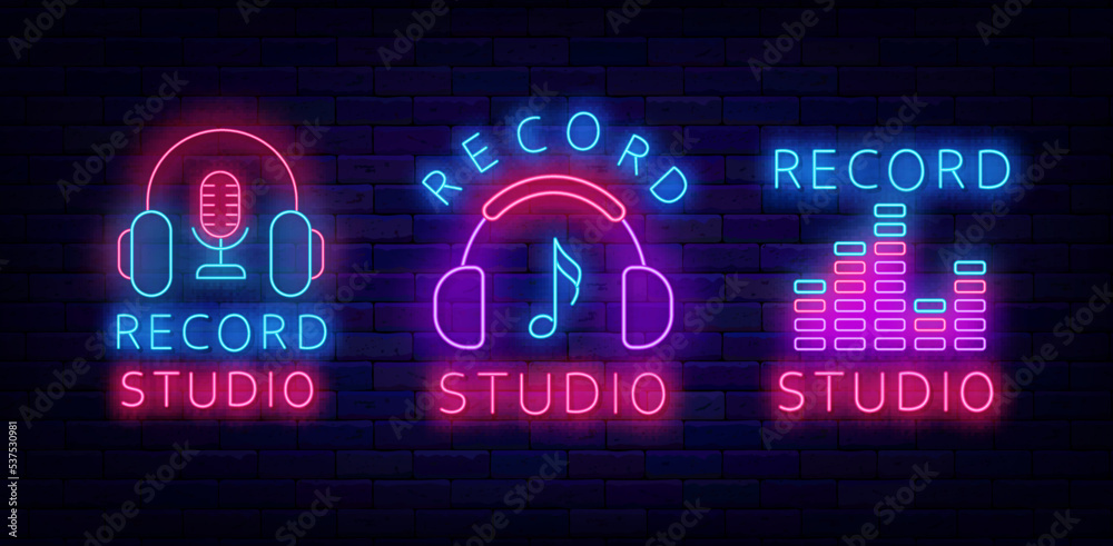 Record studio neon labels collection. Light signboards pack. Musical ...