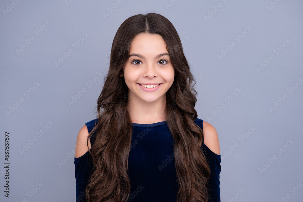 Happy face, positive and smiling emotions of teenager girl. Little kid girl 12,13, 14 years old ...