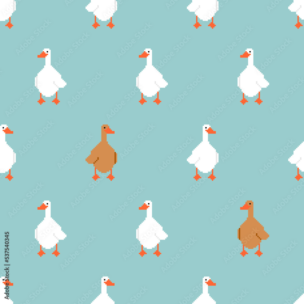 White goose Pixel art Pattern seamless . 8 bit waterfowl Background ...