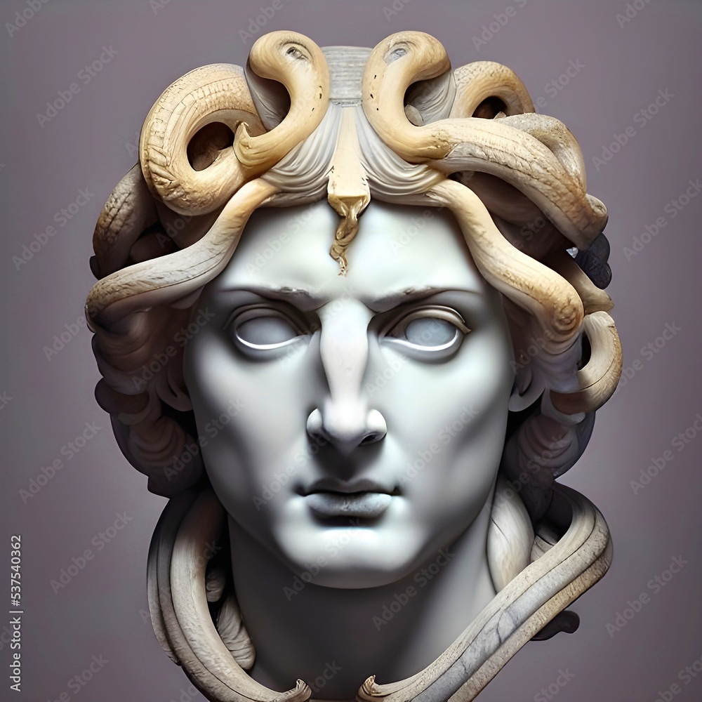 3D illustration of a white marble bust of Medusa, otherwise known as ...
