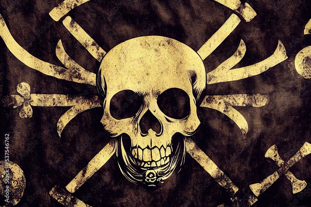 Black pirate flag fabric texture. Pirate flag with skull. 3D rendering ...