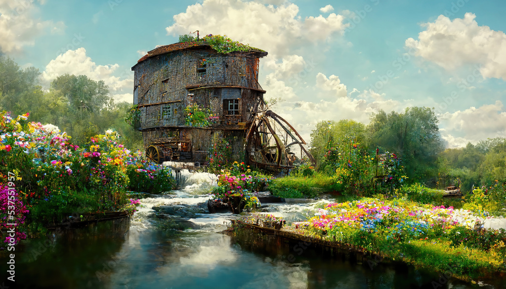 AI generated image of an ancient water mill by the side of a stream ...