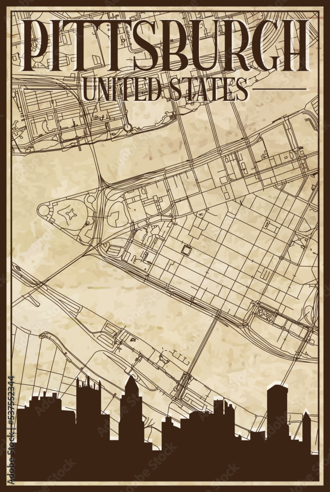 Brown vintage hand-drawn printout streets network map of the downtown ...