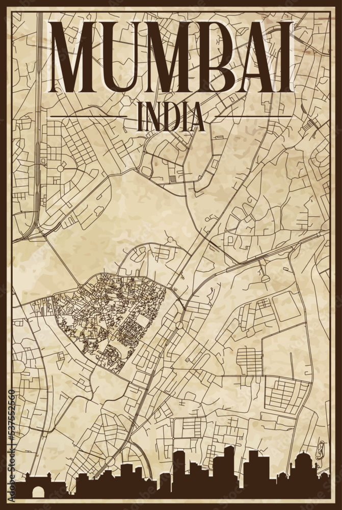 Brown vintage hand-drawn printout streets network map of the downtown ...