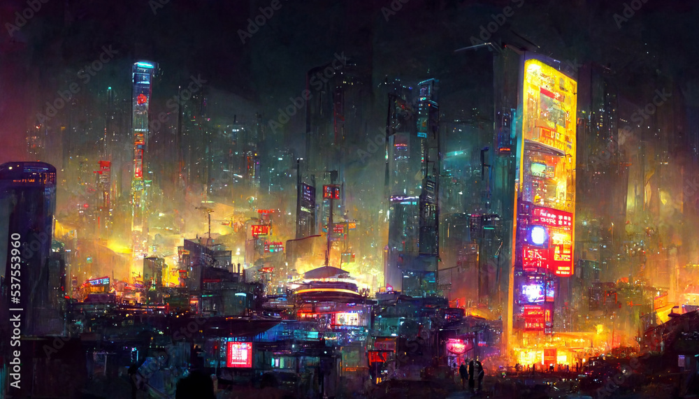 Photo Art Print Concept art illustration of cityscape of asian cyberpunk city at night vuang