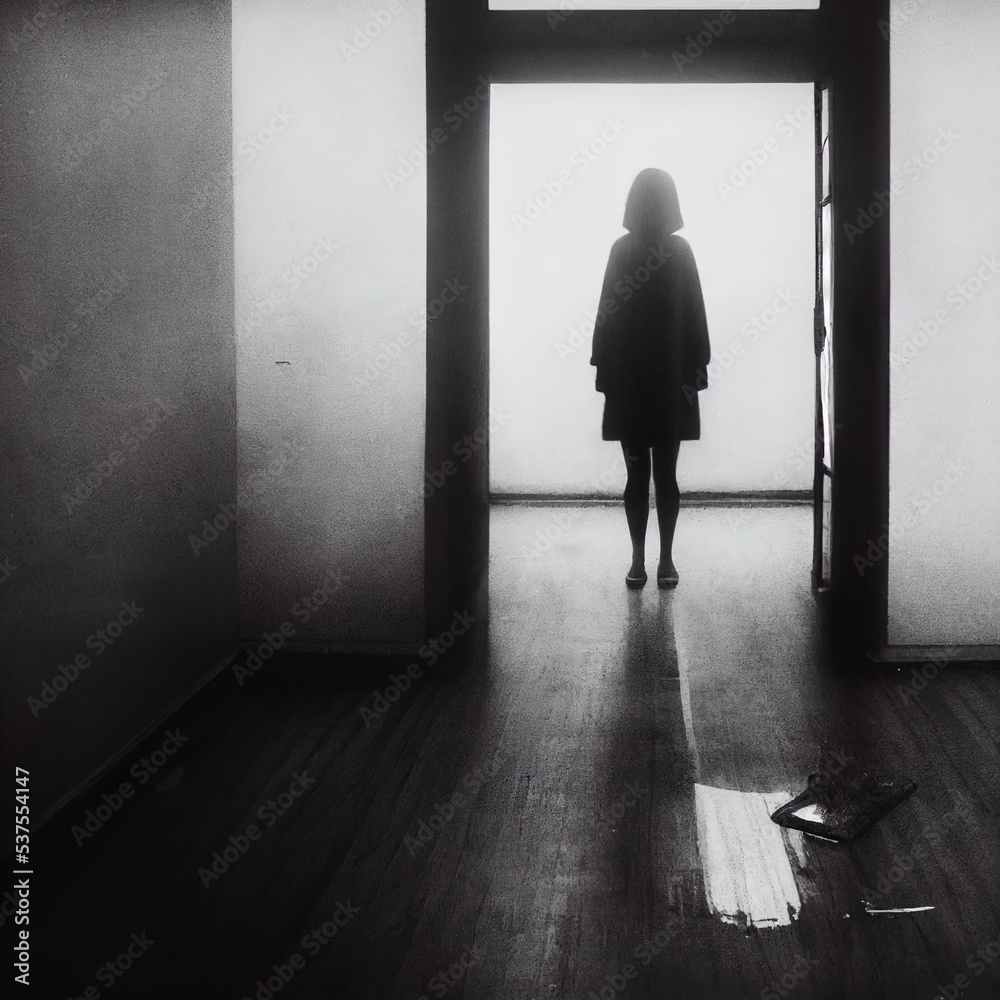 Concept idea illustration of woman in depression. Black and white ...