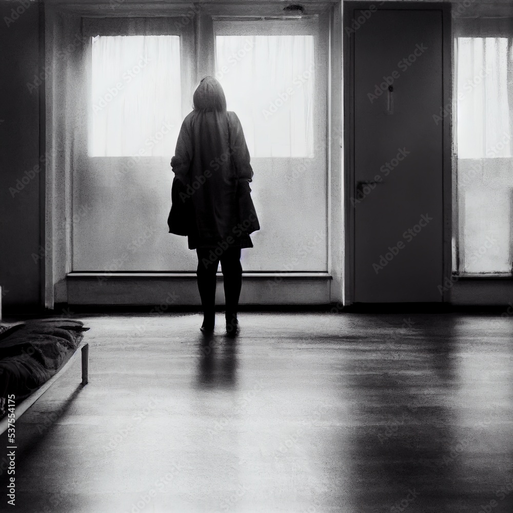 Concept idea illustration of woman in depression. Black and white ...