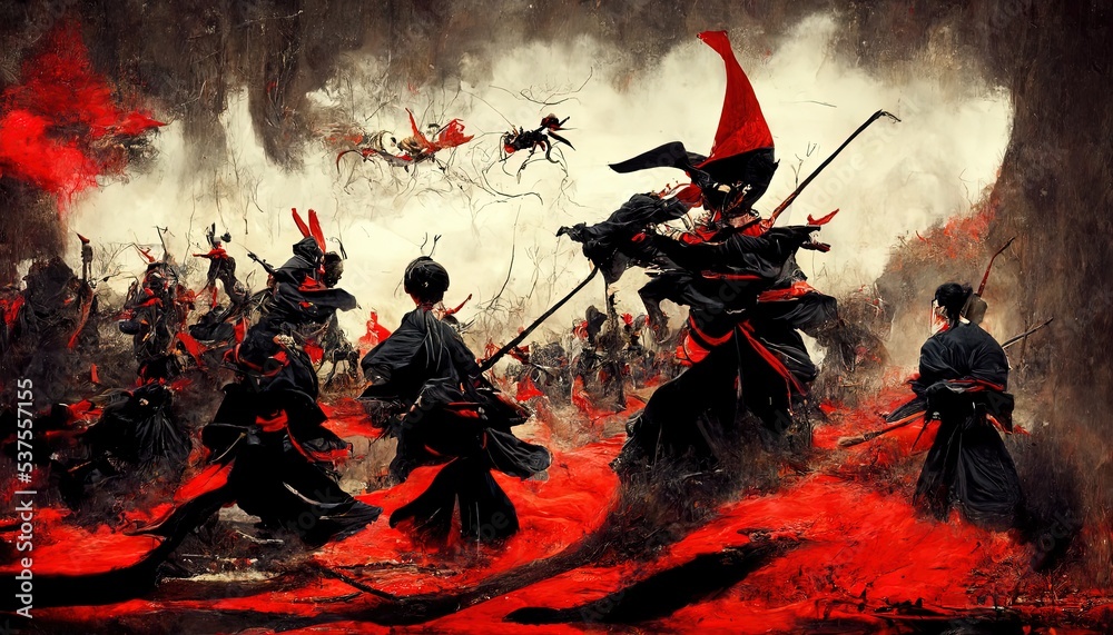 Anime style, Japanese samurai army fighting with enemy, large scene ...
