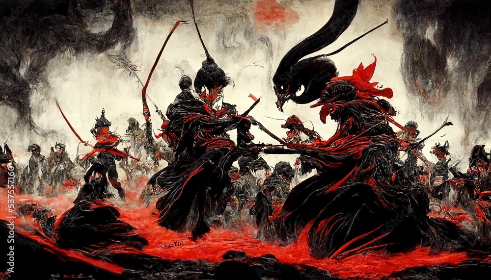 Anime style, Japanese samurai army fighting with enemy, large scene ...