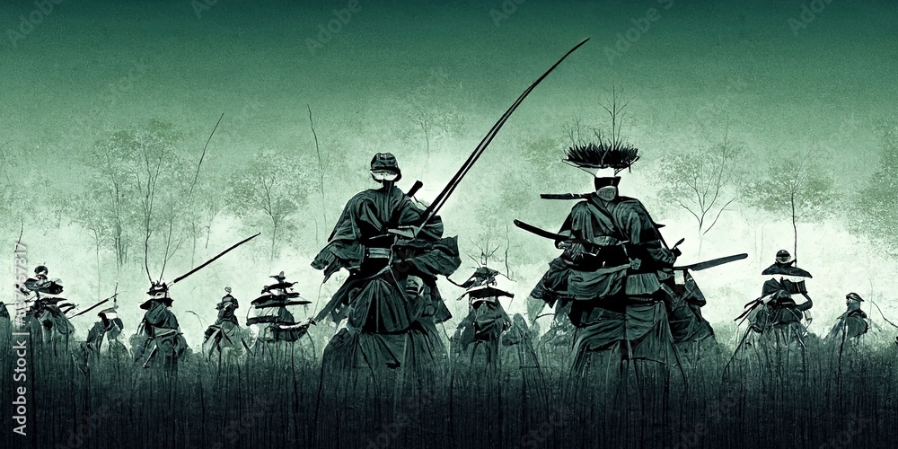 Anime style, Japanese samurai army fighting with enemy, large scene ...