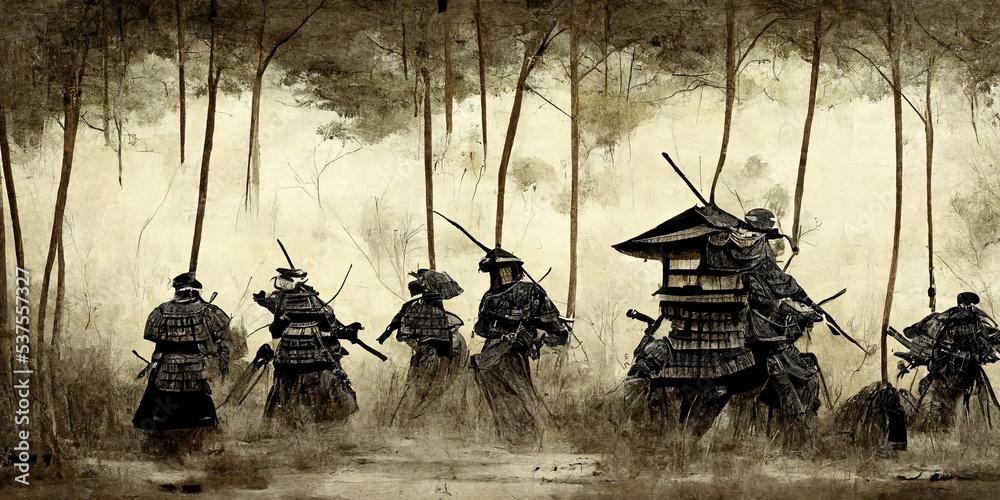 Anime style, Japanese samurai army fighting with enemy, large scene ...