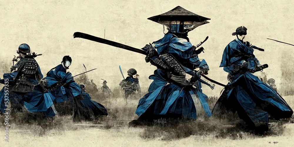 Anime style, Japanese samurai army fighting with enemy, large scene ...